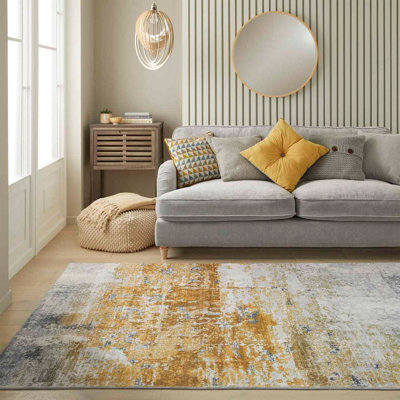 Ivory Gold Abstract Polyester Modern Soft Living Room, Bedroom Rug ...