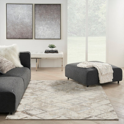 Ivory Grey Abstract Modern Geometric Rug Easy to clean Living Room and ...