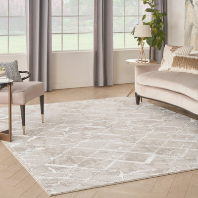 Ivory Grey Abstract Modern Geometric Rug Easy to clean Living Room and ...
