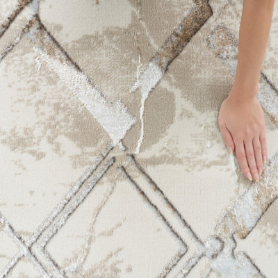 Ivory Grey Abstract Modern Geometric Rug Easy to clean Living Room and ...