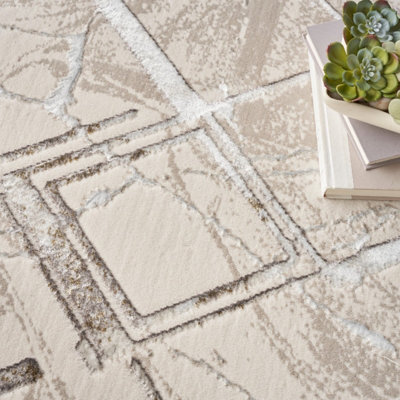 Ivory Grey Abstract Modern Geometric Rug Easy to clean Living Room and ...