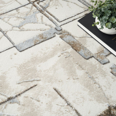 Ivory Grey Abstract Modern Geometric Rug Easy to clean Living Room and ...