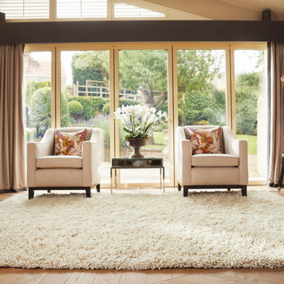 Ivory Shaggy Wool Rug Luxurious Plain Handmade Rug for Living Room and ...