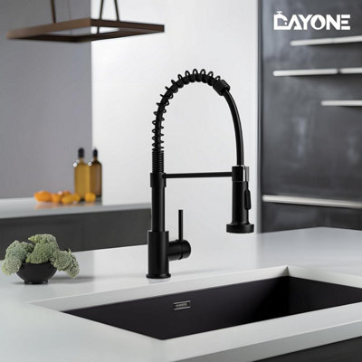 Janlemny Matte Black Pull-Down Spring Kitchen Mixer Tap, 2-Mode Sprayer ...