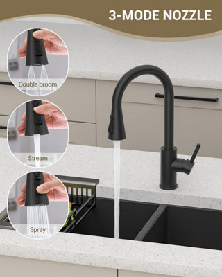 Janlemny Matte Black Pull-Out Kitchen Mixer Tap with 3-Function Spray ...