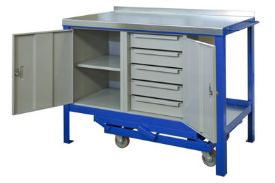 JAS Engineering - Mobile Workbench - 1500mm x 750mm x 840mm Rubber/ Steel Top, Cupboard, 5 ...