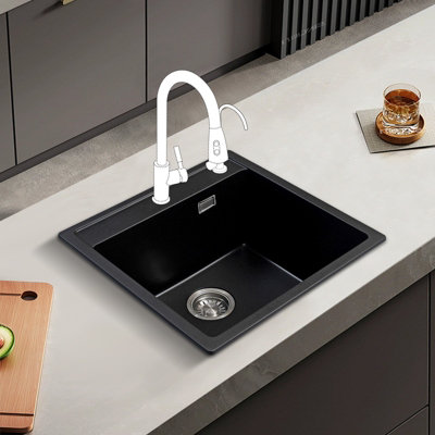 JASSFERRY Black Composite Quartz Kitchen Sink Inset Deep Single Bowl ...