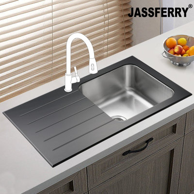 JASSFERRY Black Glass Top Kitchen Sink Stainless Steel Single 1 Bowl ...