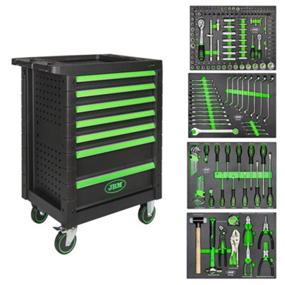 JBM Tools 7 Drawer Tool Trolley w/ Tools in Green & Black