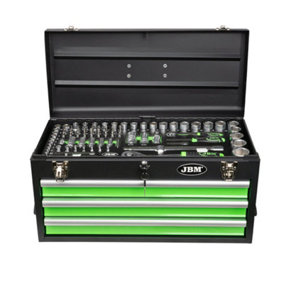 JBM Tools Portable Metal Tool Box 3 Draw, Tools Included, 143pc