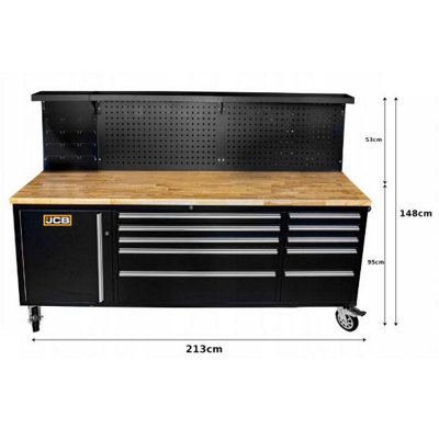 JCB Workshop Table Trolley and Tool Cabinet, 10 Drawers, 13 Hooks ...