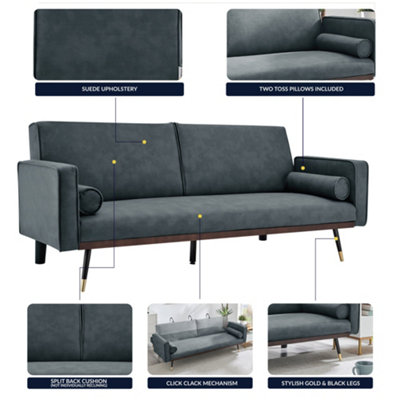 Jenna 3 Seater Split Back Faux Suede Click Clack Sofa Bed - Grey