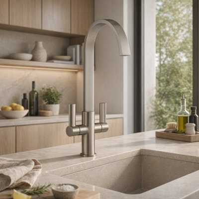 Jeroni Brushed Nickel Kitchen Mixer Tap with Swept Spout and Dual ...