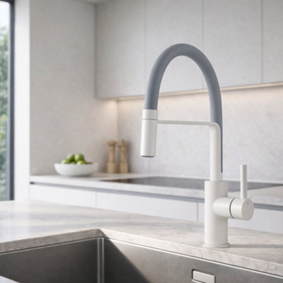 Jeroni Chef Pull-Out Kitchen Mixer Tap - White Body with Grey Flexible ...