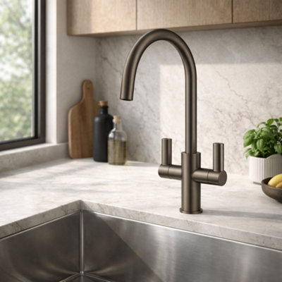 Jeroni Gunmetal Kitchen Mixer Tap with Swan Spout and Dual Handles ...