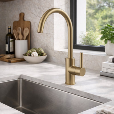 Jeroni Swan Spout Kitchen Mixer Tap Antique Brass - Single Lever Sink ...