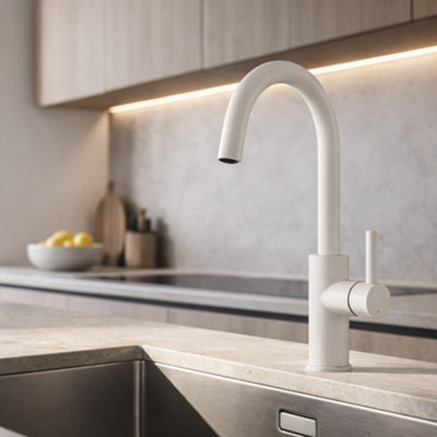 Jeroni Swan Spout Kitchen Mixer Tap White - Single Lever Design ...