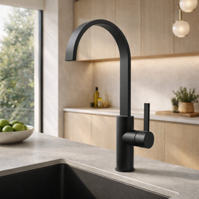 Jeroni Swept Spout Kitchen Mixer Tap Black Finish with Single Lever ...