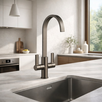 Jeroni Swept Spout Kitchen Mixer Tap Gunmetal Finish - Dual Handle ...