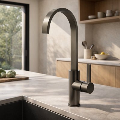 Jeroni Swept Spout Kitchen Mixer Tap - Gunmetal Finish, Single Lever ...