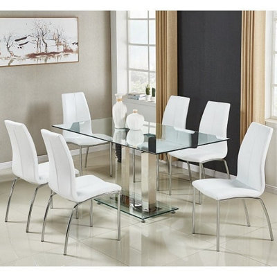 Jet Large Glass Dining Table In Clear And 6 Opal White Chairs | DIY at B&Q