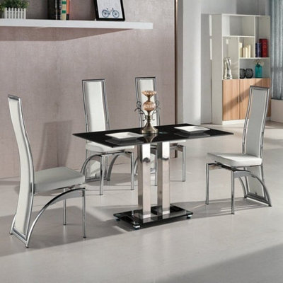 Jet Small Black Glass Dining Table With 4 Chicago White Chairs | DIY at B&Q