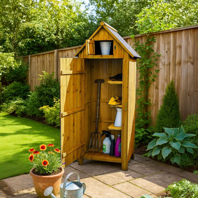 JSH Tall Slim Wooden Outdoor Garden Storage Shed, Compact Utility ...