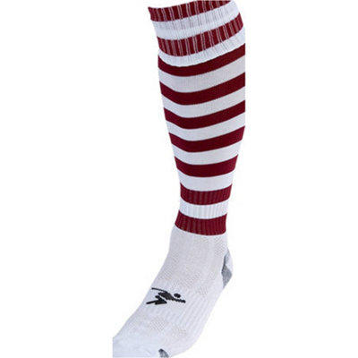 JUNIOR Size 3-6 Hooped Stripe Football Socks - WHITE/MAROON - Contoured ...