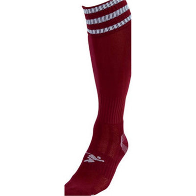 JUNIOR SIZE 3-6 PRO 3 STRIPE FOOTBALL SOCKS - MAROON/WHITE - CONTOURED ...
