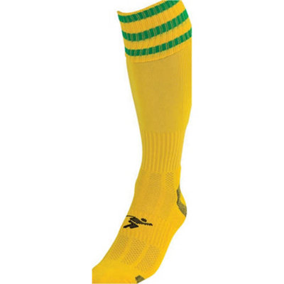 JUNIOR Size 3-6 Pro 3 Stripe Football Socks - YELLOW/GREEN - Contoured ...
