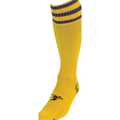 JUNIOR Size 3-6 Pro 3 Stripe Football Socks - YELLOW/ROYAL BLUE ...