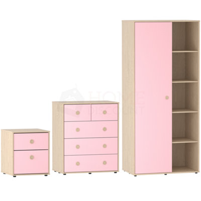 Junior Vida Neptune Pink & Oak 3 Piece Bedroom Furniture Set - Bedside ...
