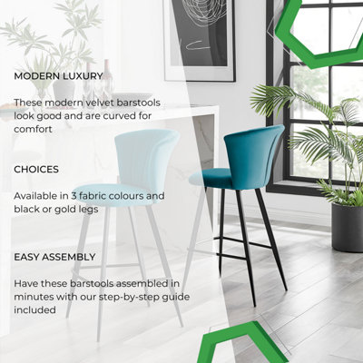 Juniper Blue Soft Touch Velvet Fluted Art Deco Bar Stools With Black ...