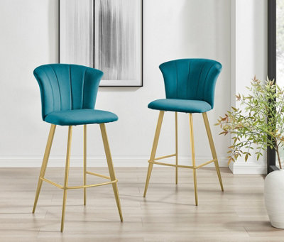 Juniper Blue Soft Touch Velvet Fluted Art Deco Stools With Gold Legs ...