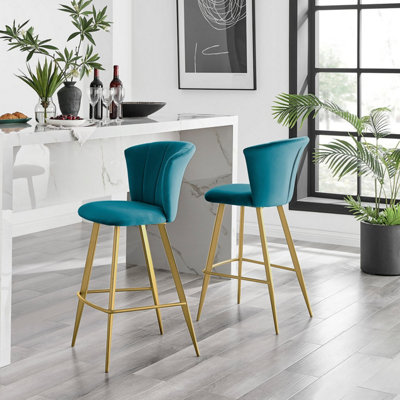Juniper Blue Soft Touch Velvet Fluted Art Deco Stools With Gold Legs ...