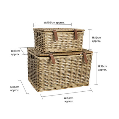 JVL Handmade Buff Wicker Hampers with Faux Leather Straps, Set of 2