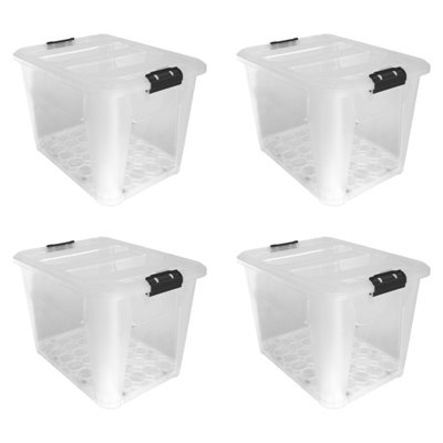 JVL Plastic Secure Clip Lidded Storage Box with Wheels, Stackable ...