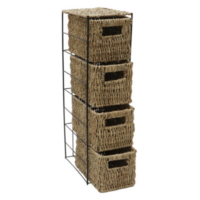JVL Seagrass Basket 4 Drawer Tower Storage Unit with Metal Frame Home ...