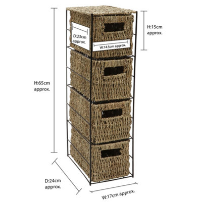 JVL Seagrass Basket 4 Drawer Tower Storage Unit with Metal Frame Home ...