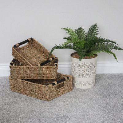 JVL Seagrass Set of 3 Rectangular Storage Baskets with Wooden Handles