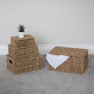 JVL Seagrass Set of 4 Rectangular Lidded Storage Baskets