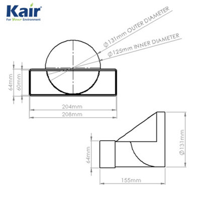Kair Ducting Adaptor 204mm x 60mm to 125mm - 5 inch Rectangular to ...