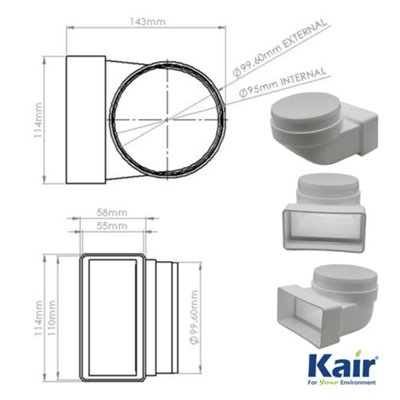Kair Elbow Bend Adaptor 110mm x 54mm to 100mm - 4 inch Rectangular to ...