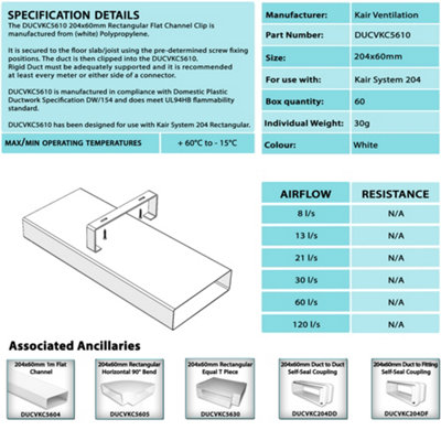 Kair Rectangular Ducting Retaining Clip 204mm x 60mm Support Bracket ...