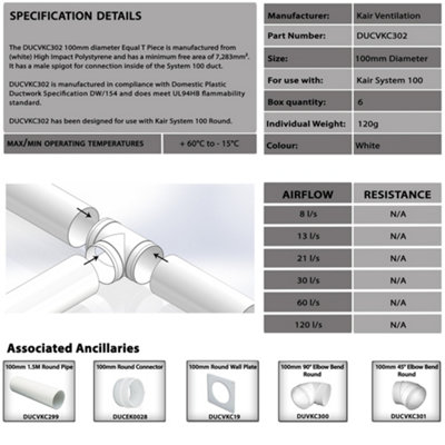 Kair Round Equal T-Piece 100mm - 4 inch Plastic Ducting Tee Junction ...