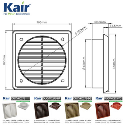 Kair Terracotta Louvred Grille 183mm External Dimension Wall Ducting ...