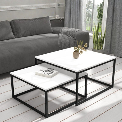 KAMA 2 Piece Coffee Table Set Metal Base Legs Black with Matt White ...