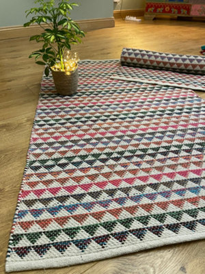 Karal Pink Multicolour Triangle Bunting Stripe Cotton Rug / 90 cm x 150 cm