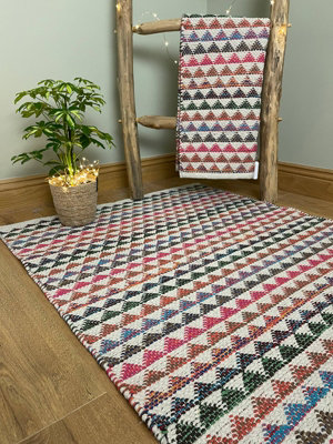 Karal Pink Multicolour Triangle Bunting Stripe Cotton Rug (KARAL75X120 ...