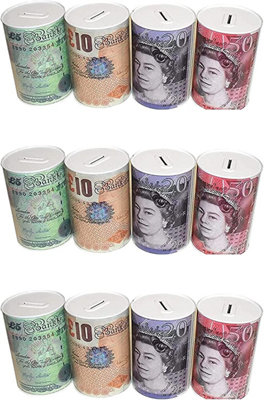 KAV 15 CM Pack of 12 - Money Saving Tin Boxes with UK Pound Note Design ...